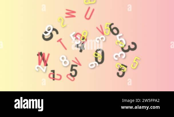 Digital animation of multiple changing numbers and alphabets against pink background. school and ...
