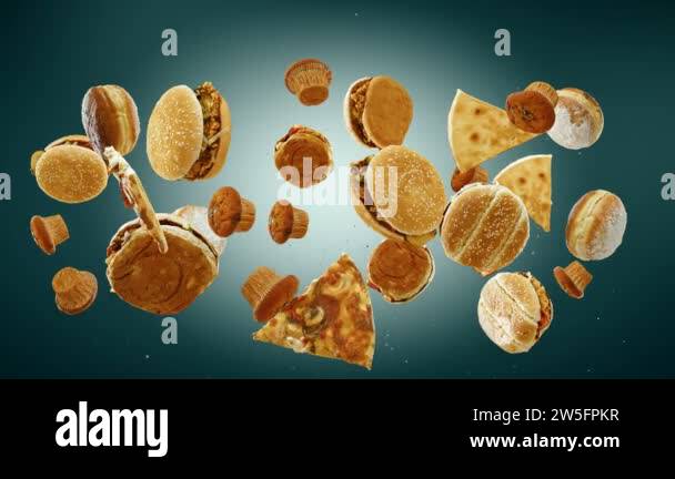 Flying of hamburger, slices of pizza and sweets or Junk Food in teal ...