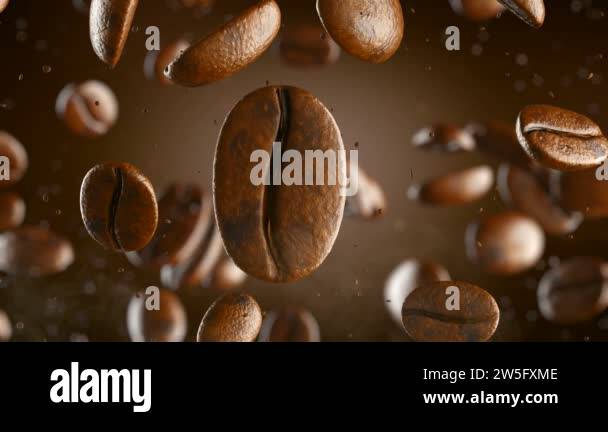 Roasted coffee beans with coffee dust falling down in front of dark and ...