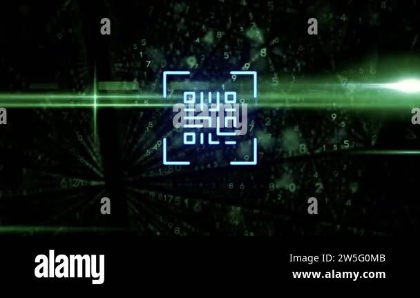 Digital animation of glowing neon blue qr code against rows of changing ...