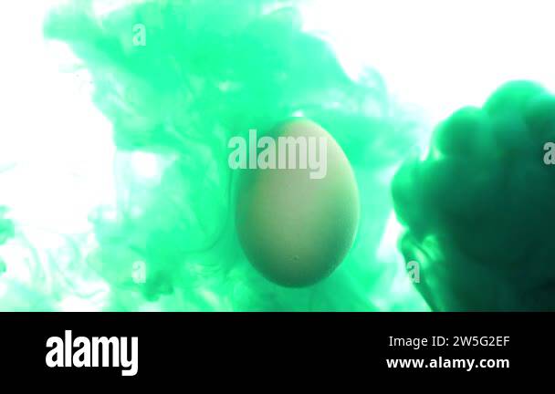 Colored fluid in motion. Green paint pours on a white egg in water ...