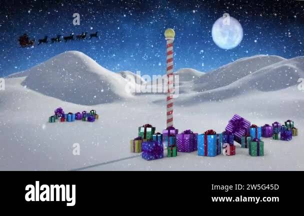 Animation of santa claus in sleigh with reindeer over north pole ...