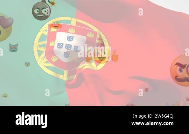 Animation of flag of portugal blowing over various floating emojis ...