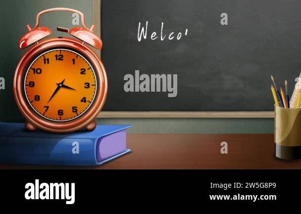 Welcome Back to School Alarm Clock Writing 4K Loop features a classroom ...