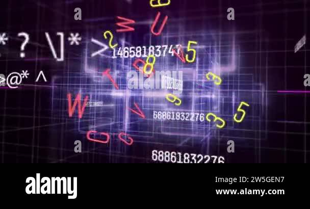 Digital animation of changing numbers and symbols and purple light ...