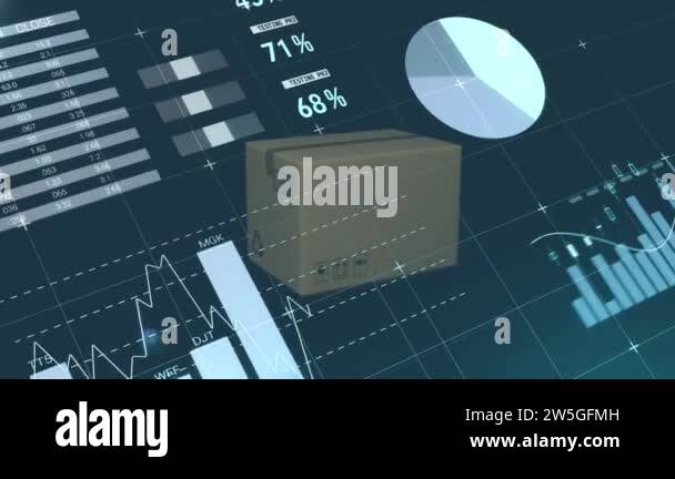 Animation of statistics and data processing over cardboard box. global ...