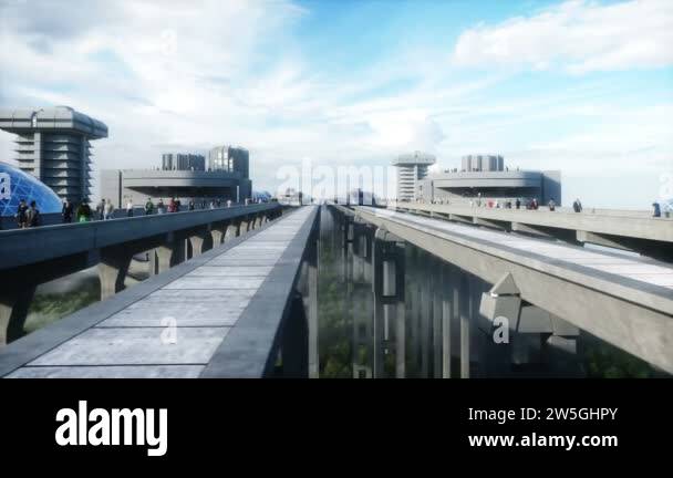 futuristic train station with monorail and train. traffic of people ...