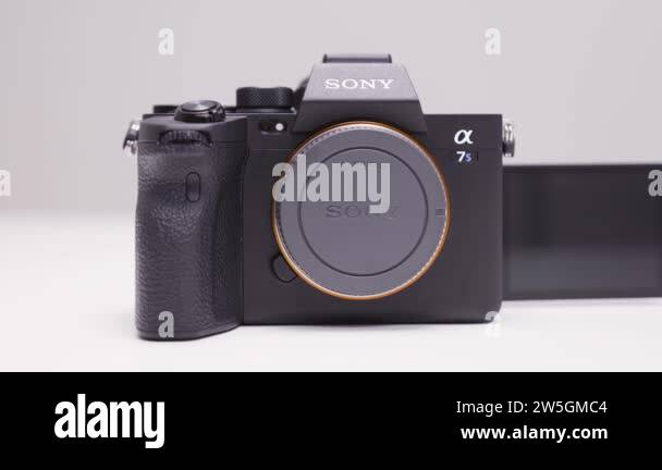 RUSSIA, MOSCOW-DECEMBER, 2020: New Sony camera on white background ...