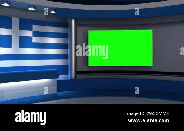 TV studio. Greek flag background. News studio. Loop animation ...