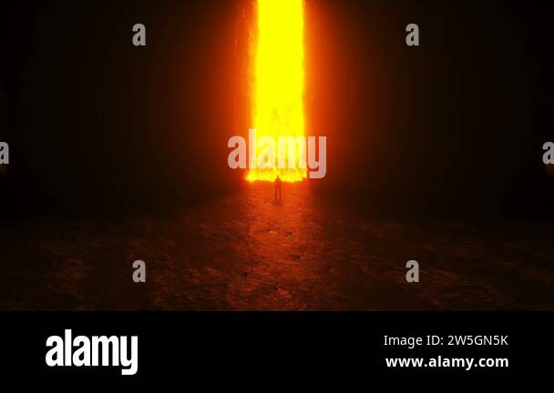 Sinner. A lonely sinfull man stands in front of a hell gates. Hell fire ...