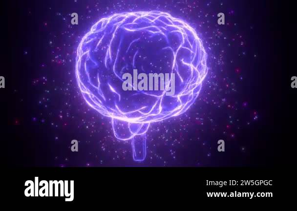 Rotating human brain hologram, flying particles - thinking process ...