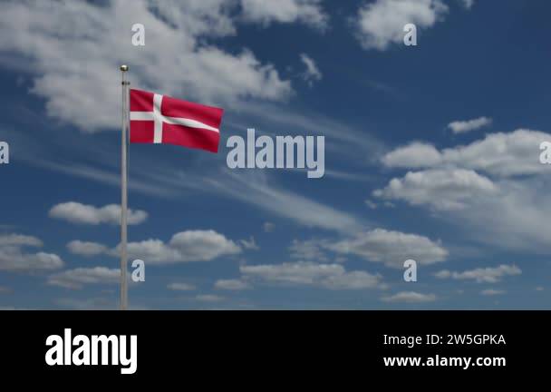 3D, Danish flag waving on wind with blue sky and clouds. Denmark banner ...