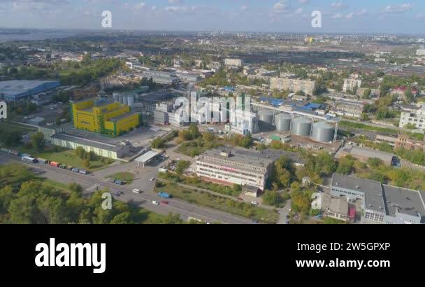 Flight over the industrial area. Many factories next to each other top ...