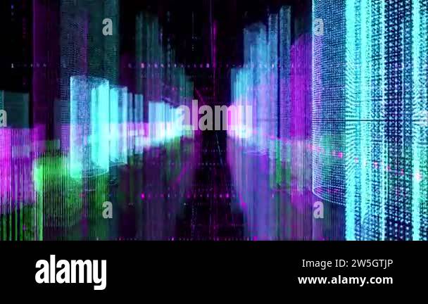 Seamless color loop abstract hologram 3D digital night city rendering with futuristic matrix ...