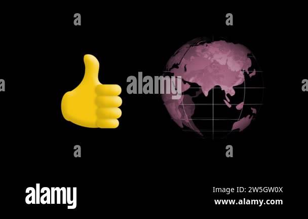 Digital animation of thumbs up icon and globe icon spinning against ...