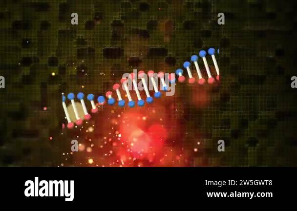 Animation of rotating dna strand with red bokeh lights and glowing ...