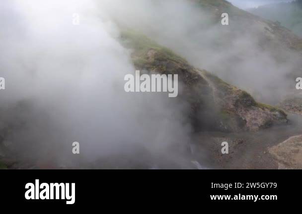 The eruption of a geyser. Boiling water is ejected from the boiler in ...