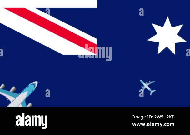 Australian flag and aircraft. Animation of planes flying over the flag ...