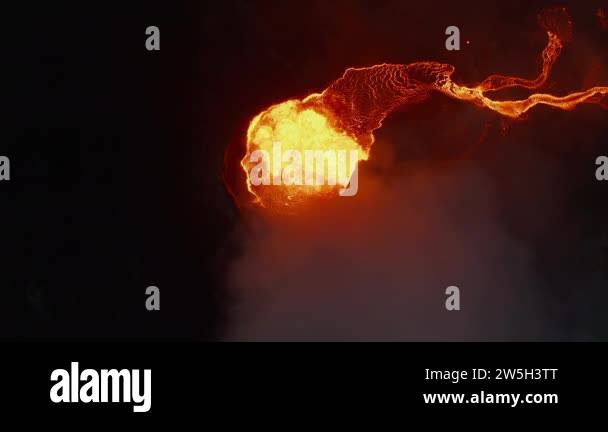 Aerial birds eye overhead top down view of boiling magma in active ...