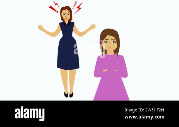 Angry mother yelling shouting at her little teenage daughter, wall ...