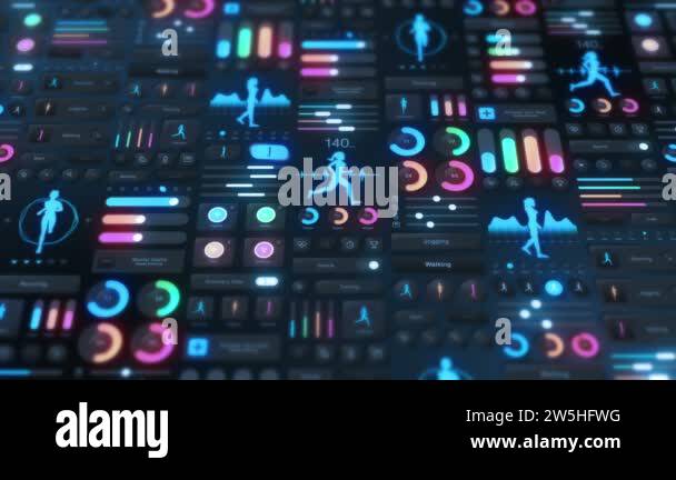 Hi tech panel of fitness application on dark background. Running and ...