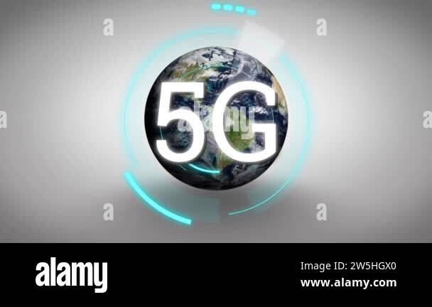 Animation of 5g text and scope scanning over globe. global connections, networks, data ...