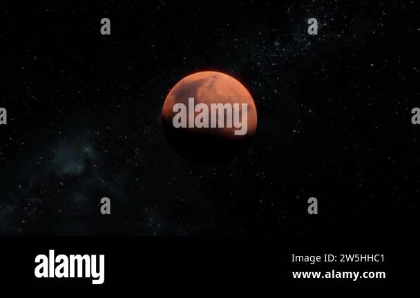 Tracking in shot of Mars flying trough the space with stars on the ...