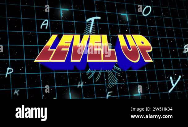 Animation of level up text over fingerprint and letters on black background. video game, digital ...