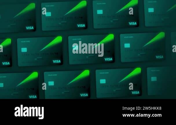 Visa bank credit plastic cards layout on a dark background. Motion. New ...