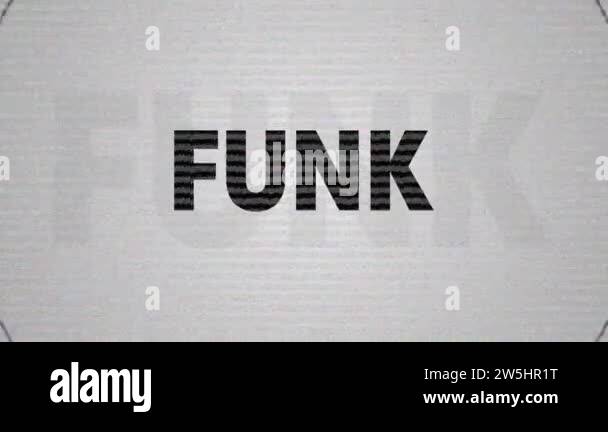 Digital animation of vhs glitch effect over funk text on grey ...