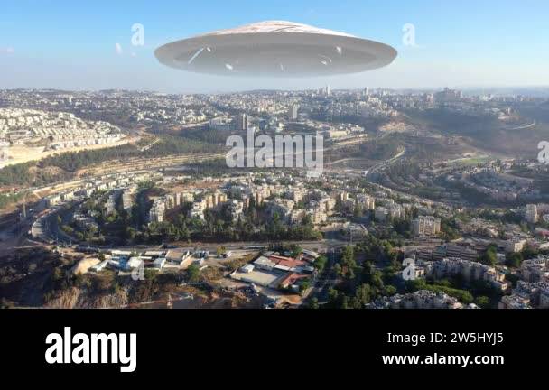 Alien Spaceship ufo Hovering over Jerusalem city-Aerial view, Drone ...