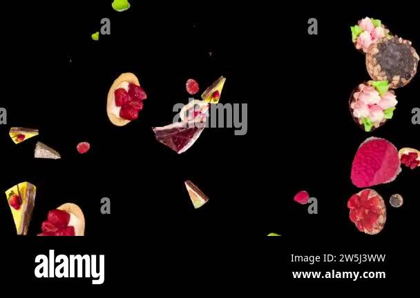 Flying many colorful cakes, on a black background. Donut cake, Sweets ...