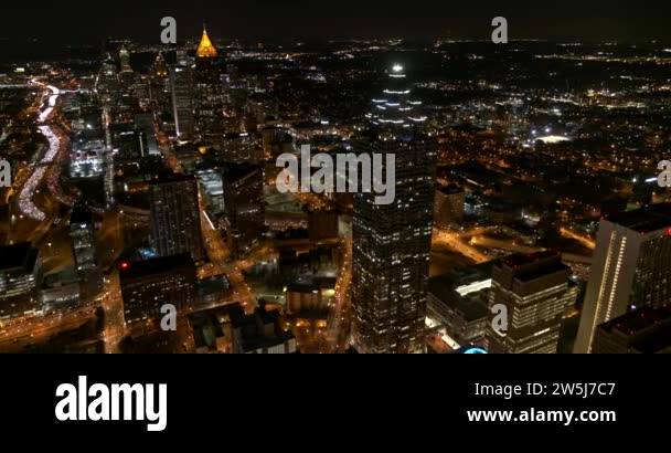 Atlanta Aerial v386 Panning around downtown, expressway traffic night ...