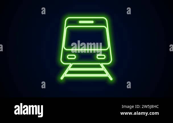 Glowing neon line Train and railway icon isolated on black background ...
