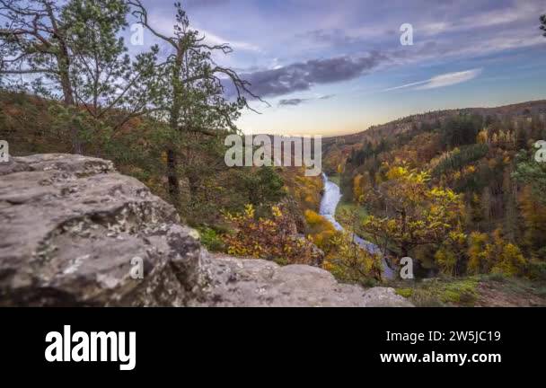 River flowing through the valley of forests, beautiful autumn landscape ...