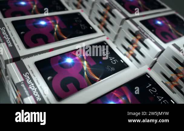 5G Smartphone pack production line. New mobile smart phone packing and ...