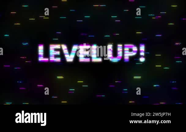 Level Up glitch text. Anaglyph 3D effect. Technological retro background. Motion graphics Stock ...