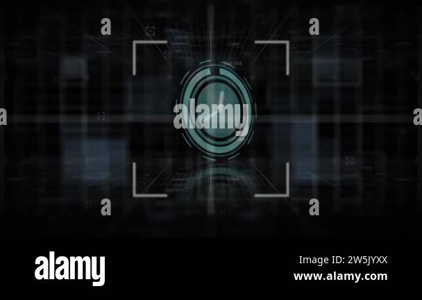 Animation of clock moving fast and scope scanning. data processing and digital interface concept ...