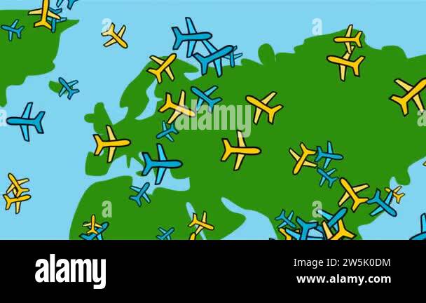 Many airplanes flying randomly over a map, cartoon elements. Travel ...