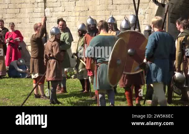 The camp of the Vikings. The Vikings before the battle. Medieval ...