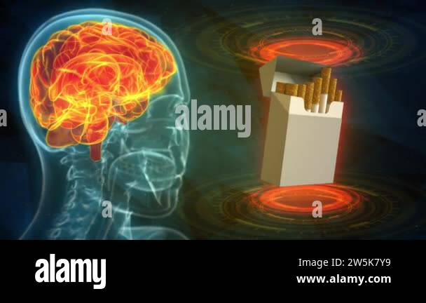 roentgen human head image with highlighted brain and cigarette pack ...