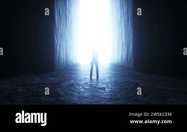 a lonely man stands in front of a light portal. Realistic 4k animation ...