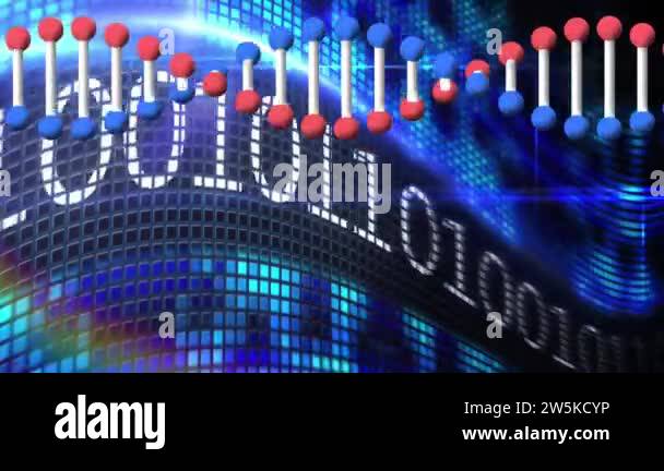 Animation of dna strand over binary coding. global social media, connections and digital ...