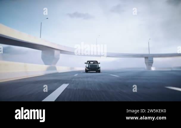 3d model luxury black car on highway. Very fast driving. Realistic 4k ...