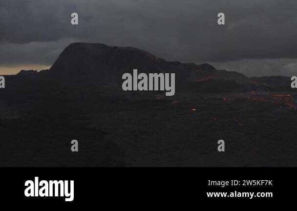 Drone Over Cooling Lava Flow From Erupting Fagradalsfjall Volcano Stock ...