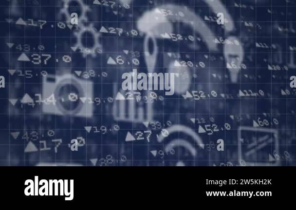 Animation of floating technological icons over moving numbers with ...