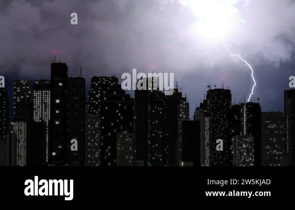 Severe storm breaks over megalopolis skyscrapers, heavy rain and ...
