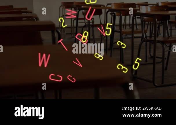 Digital composition of changing numbers and alphabets floating against empty classroom. school ...