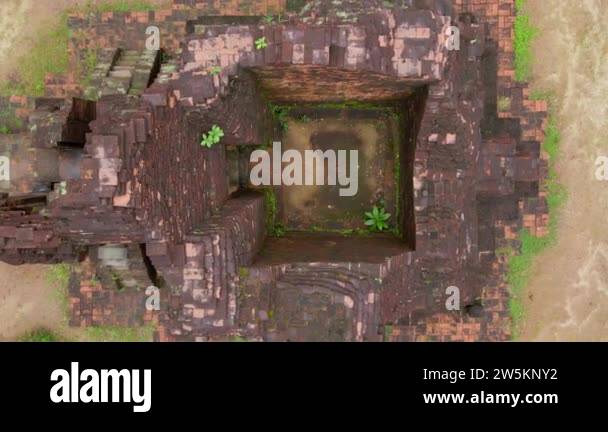 Top down Aerial view of ruins in the My Son Sanctuary, remains of an ...
