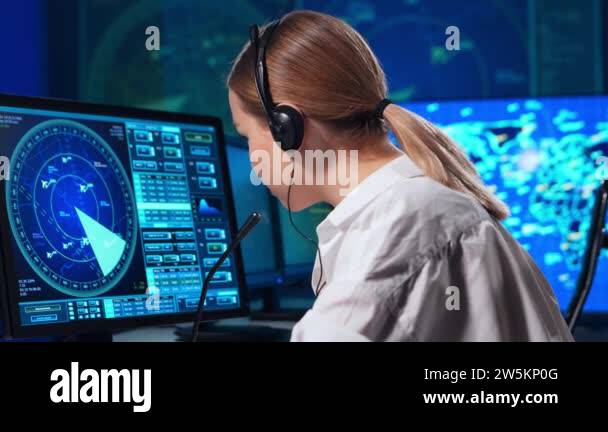 Workplace of the professional air traffic controller in the control ...